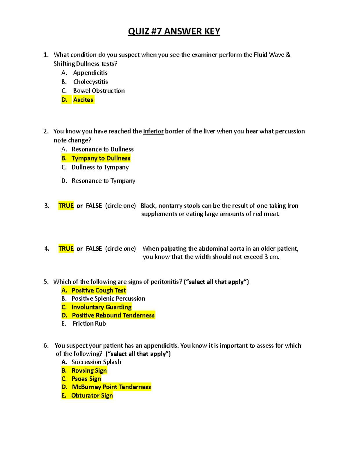 Quiz #7 (CH 19) Answer Key - QUIZ #7 ANSWER KEY What condition do you ...