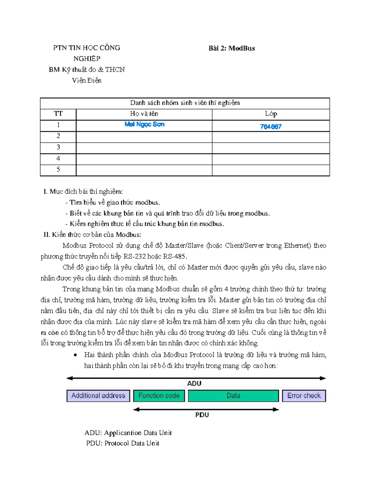 Bài 2: ModBus - Giao Thức và Thí Nghiệm (PTN TIN HỌC CÔNG NGHIỆP) - Studocu