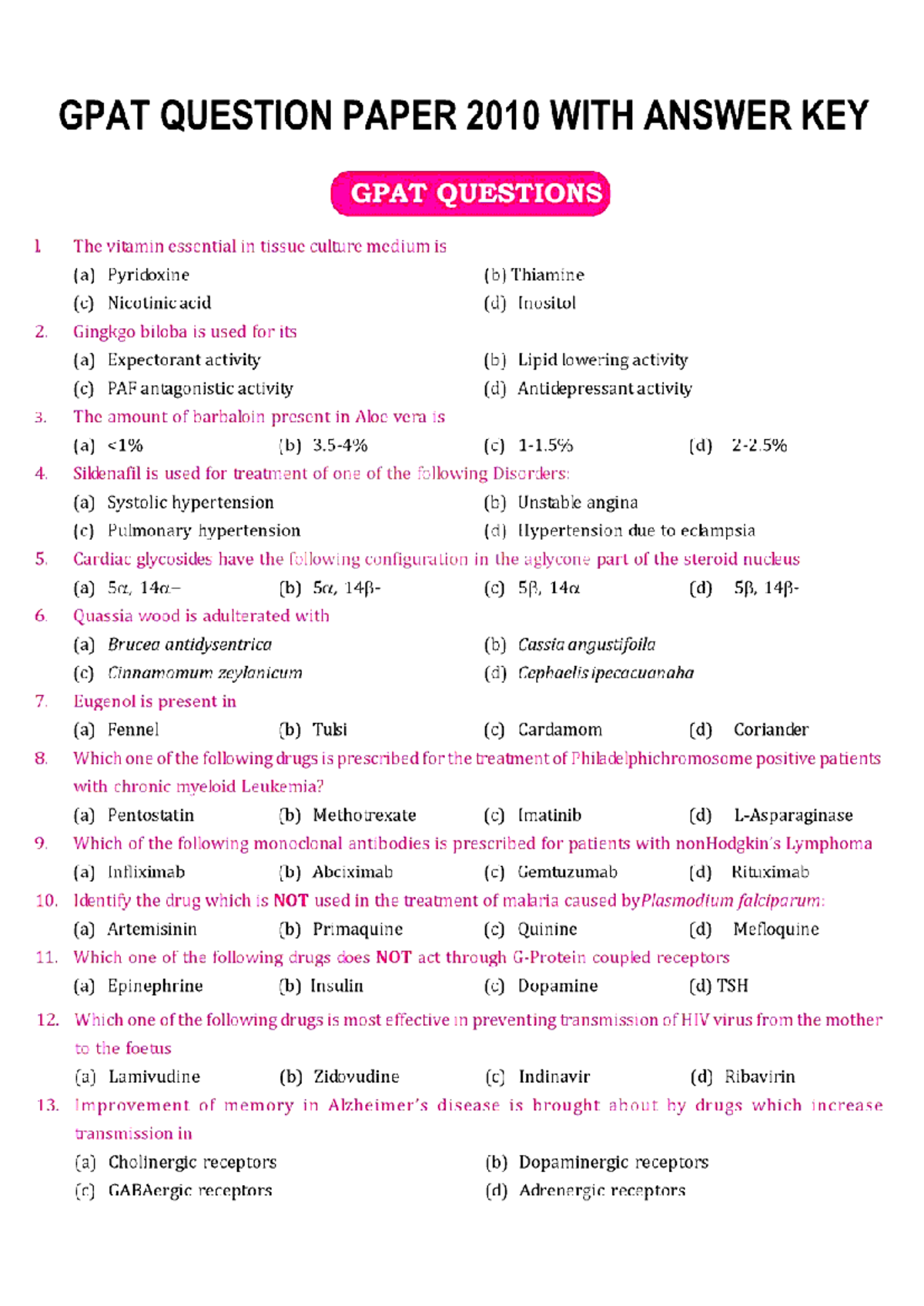 Gpat question paper 2010 - GPAT QUESTION PAPER 2010 WITH ANSWER KEY ...