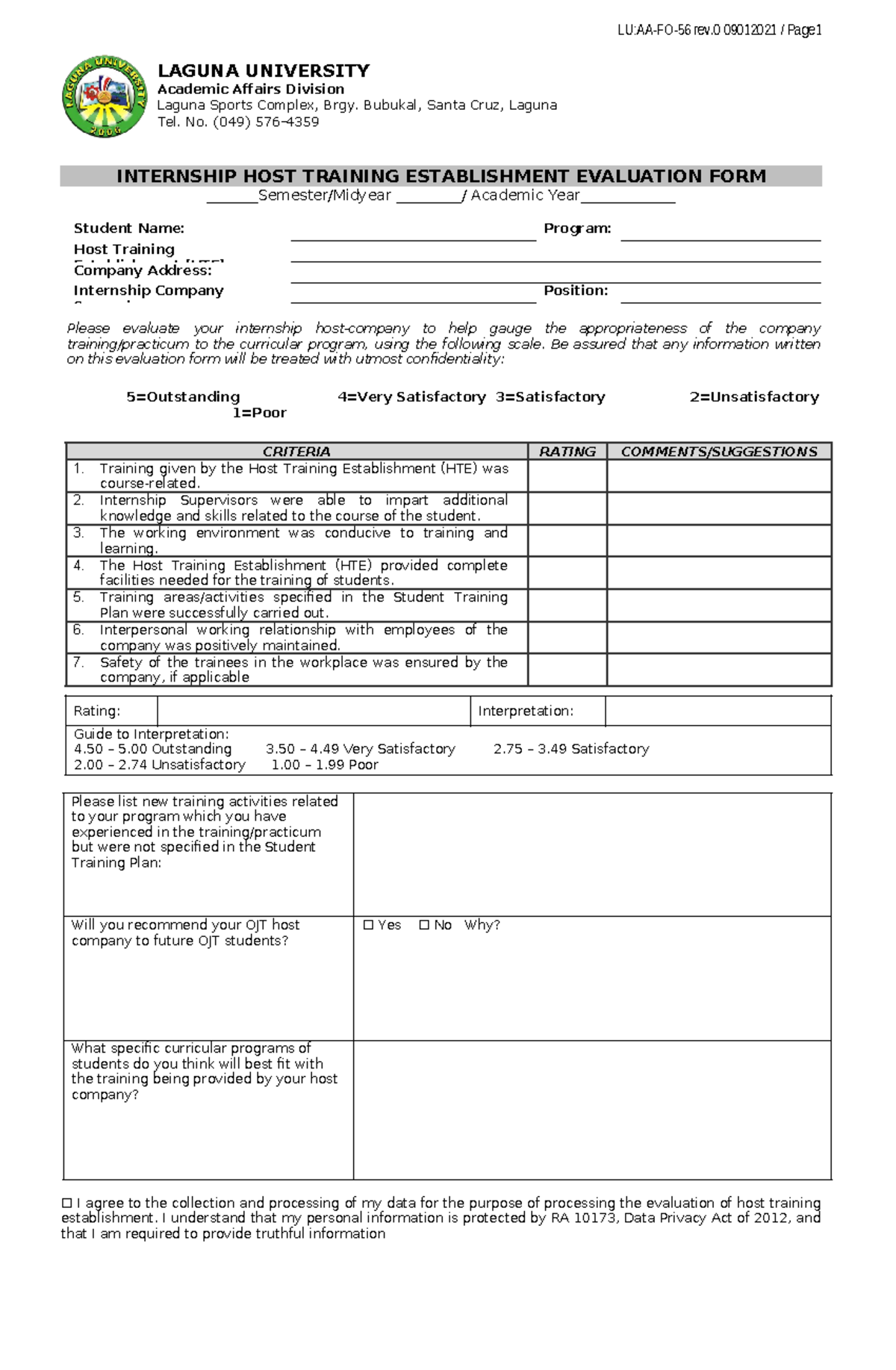 LU AA FO 56 Internship HOST Training Establishment Evaluation FORM 1 ...