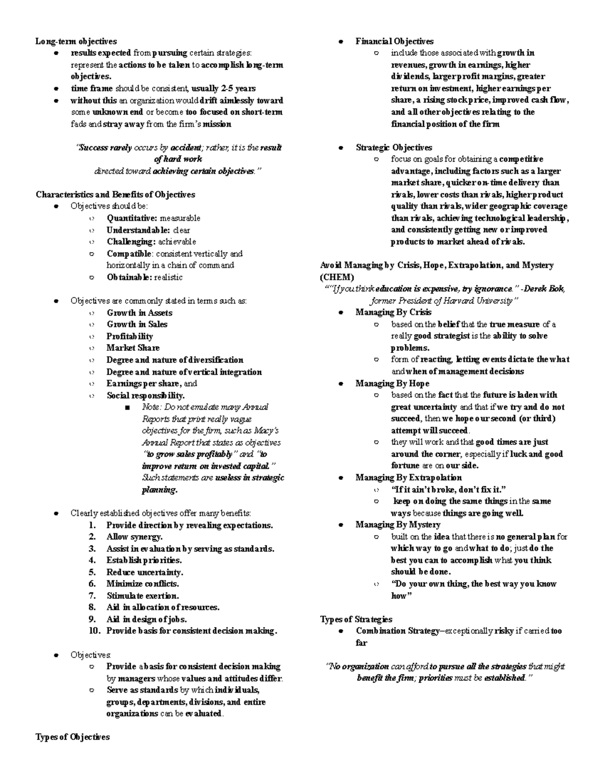 Strategic Management CH5 Review: Long-term Objectives & Strategies ...