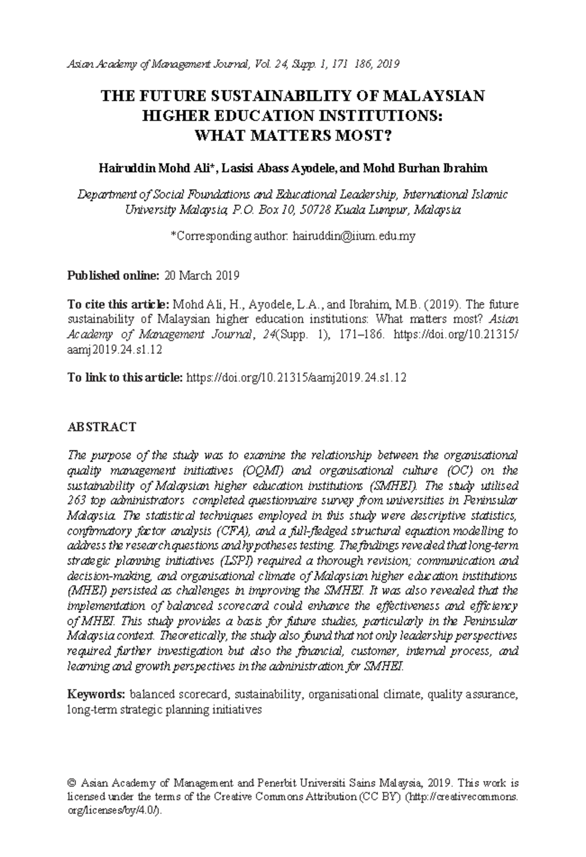 AAMJ 24(Suppl. 1) 2019: Future Sustainability of Malaysian Higher ...