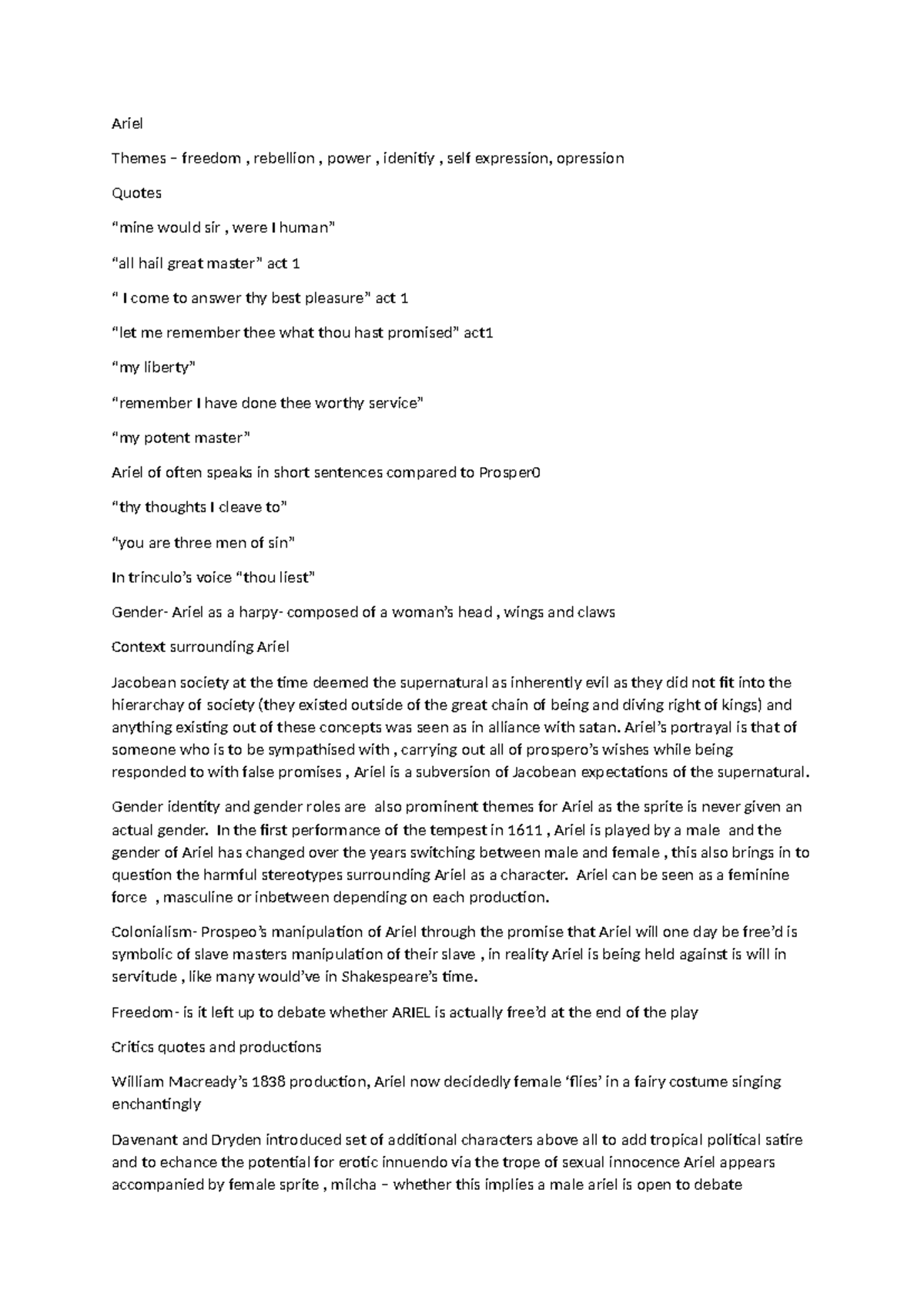 ENGL 101: The Tempest Revision - Ariel, Caliban, and Themes of Freedom ...