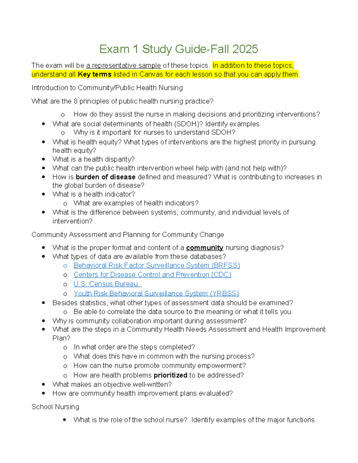Exam 1 Study Guide for Health Nursing FA25 - Studocu