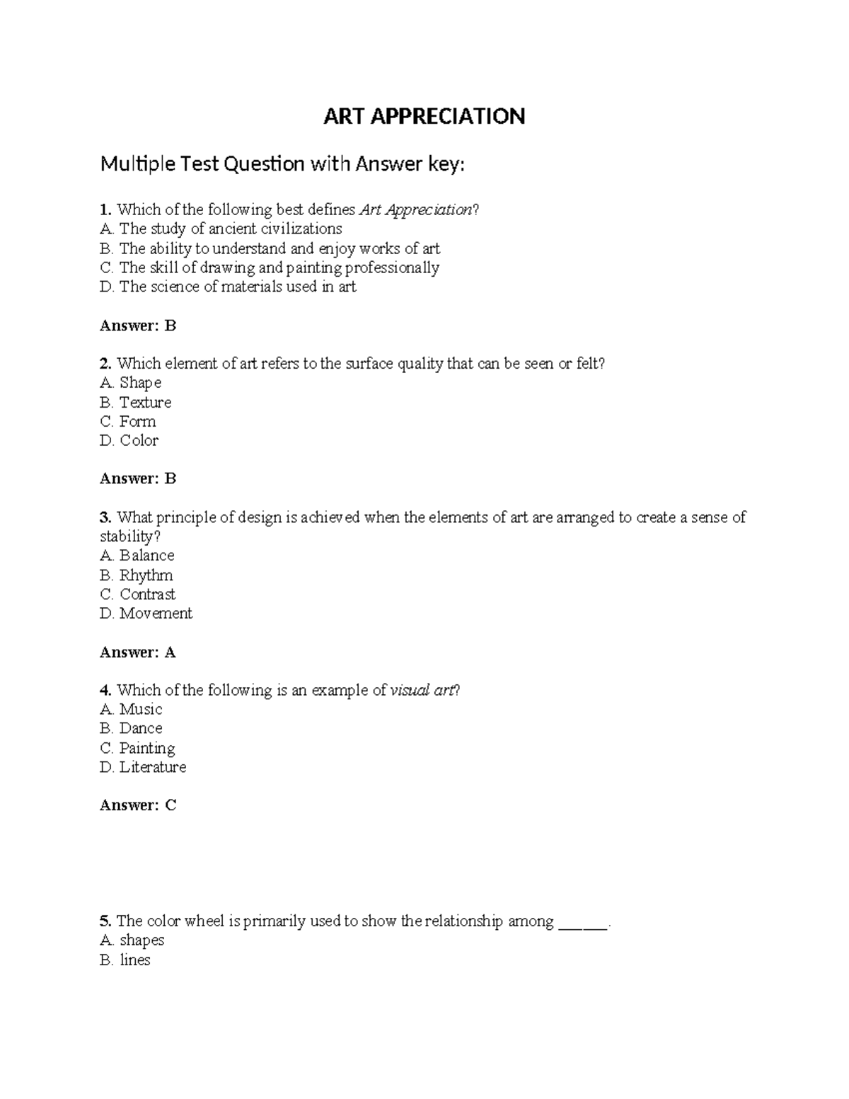 ART APPRECIATION Quiz Questions & Answer Key - Studocu