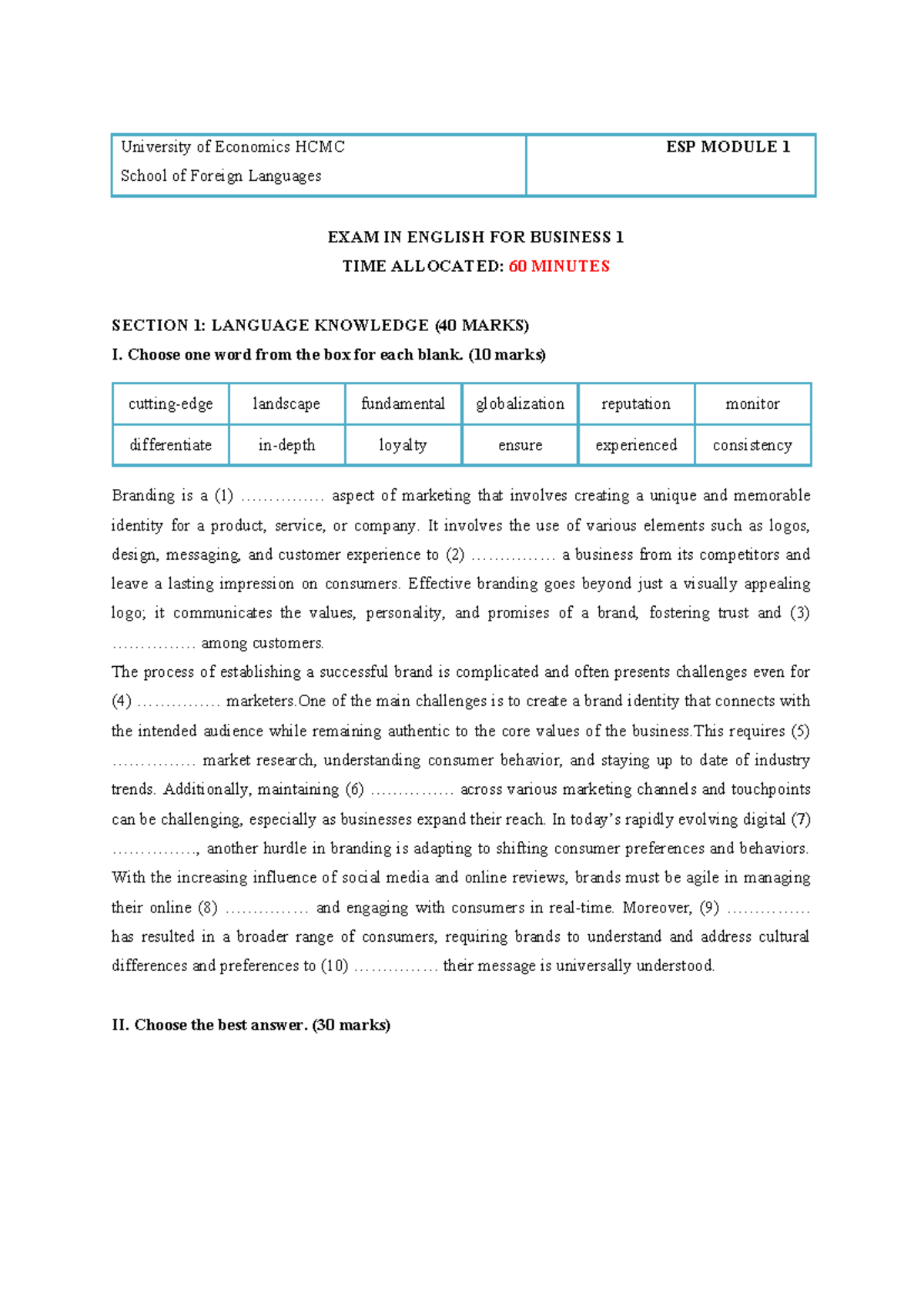ESP MODULE 1: English for Business Exam Sample Test - Studocu