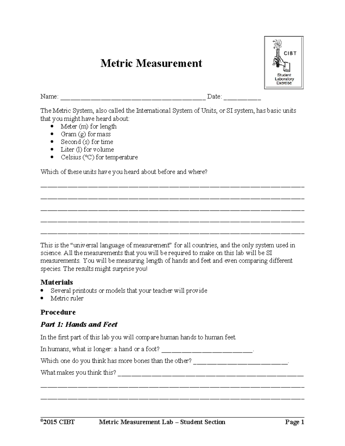 CIBT 2015 Metric Measurement Lab: Hands, Feet, and Species Comparison ...
