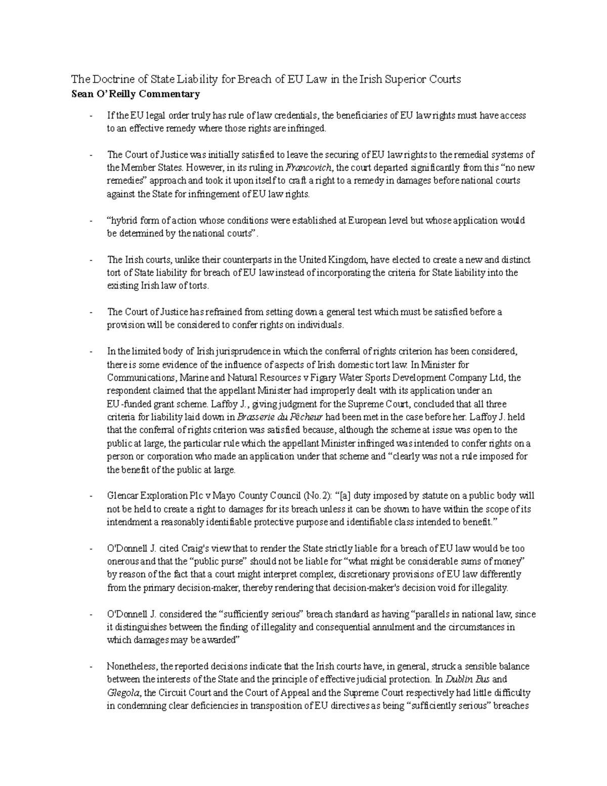State Liability for Breach of EU Law: Commentary by Seán O'Reilly - Studocu