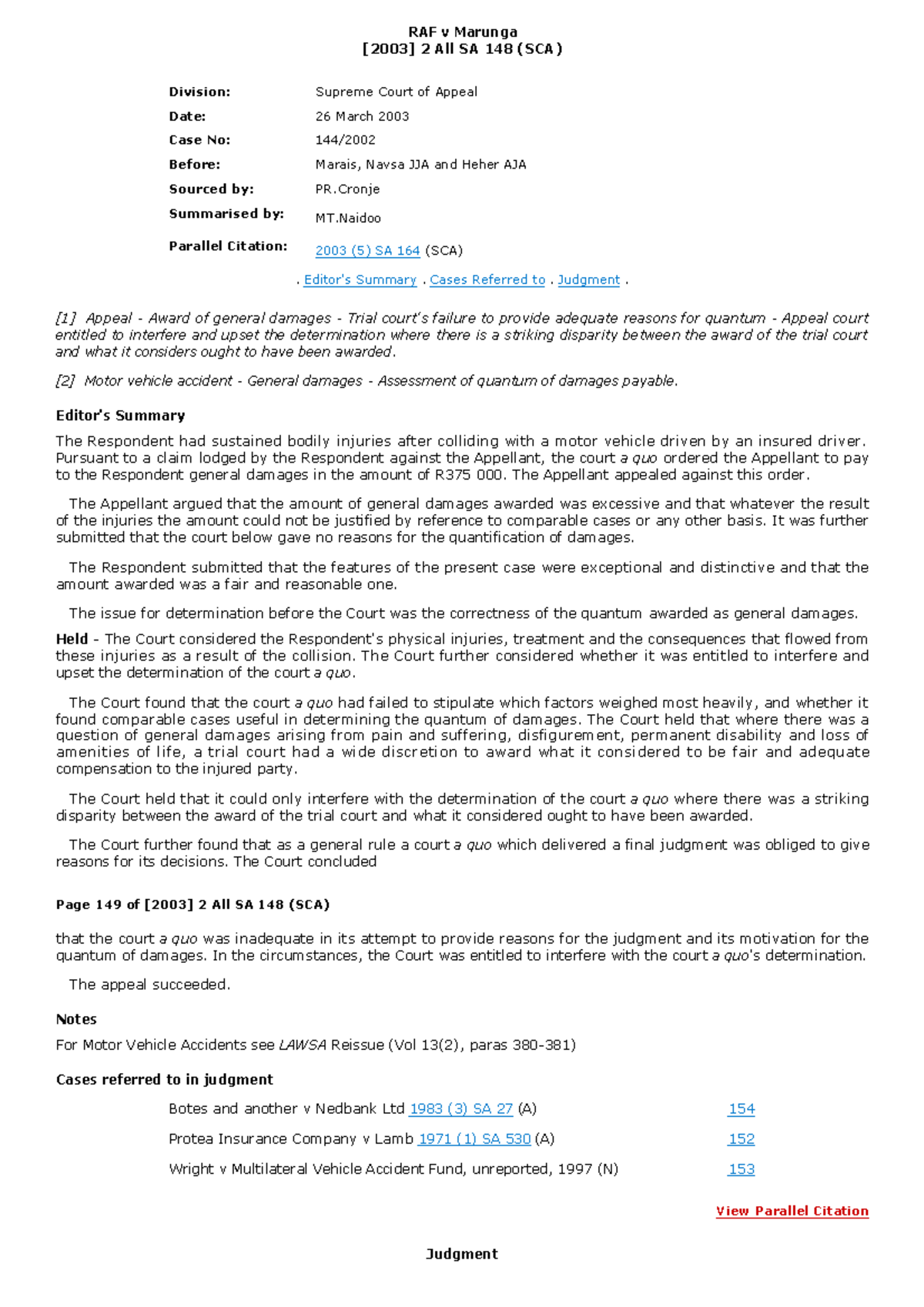 Marunga - RAF v Marunga [2003] 2 All SA 148 (SCA) Division: Supreme ...