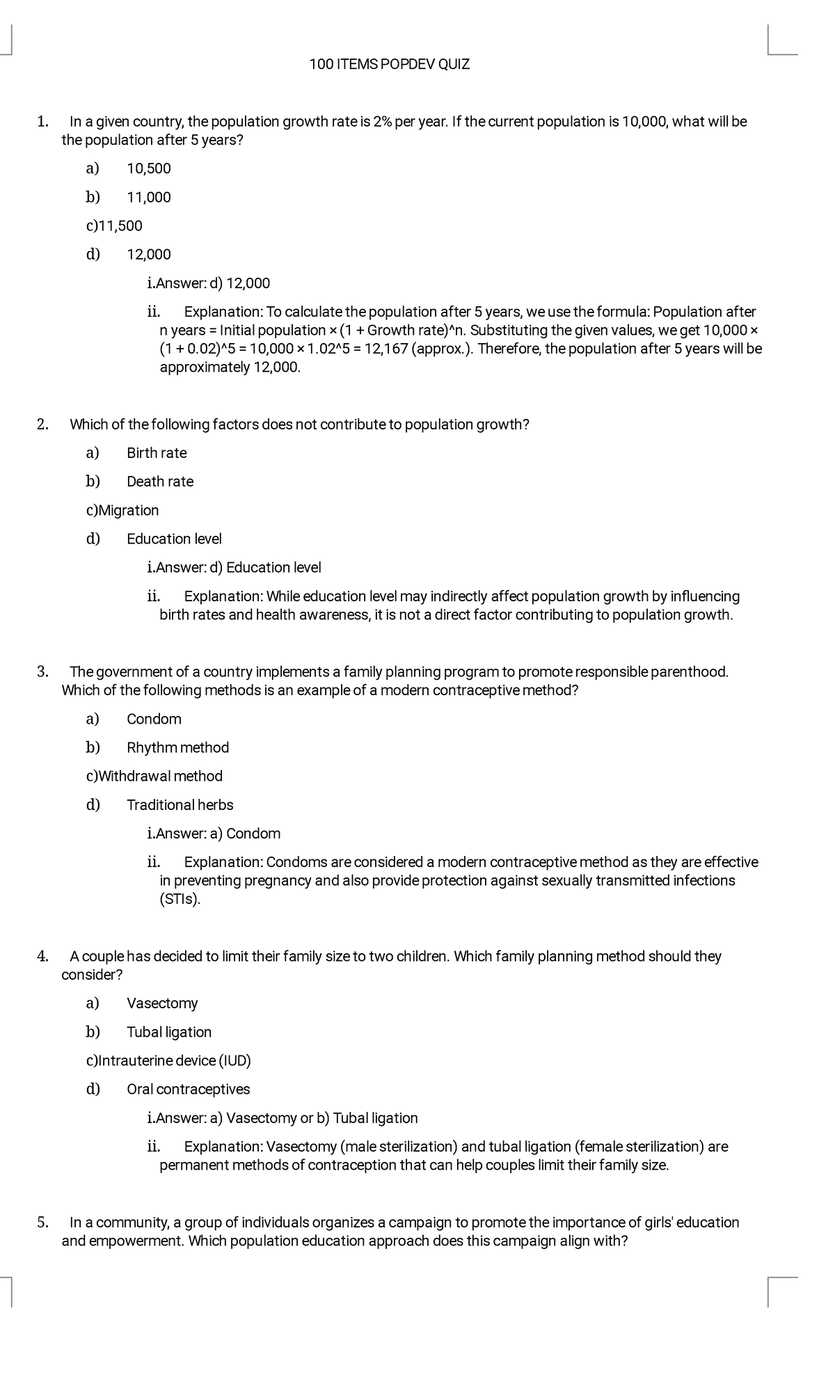 Popdev QUIZ - It has documents for students to review - 100 ITEMS ...