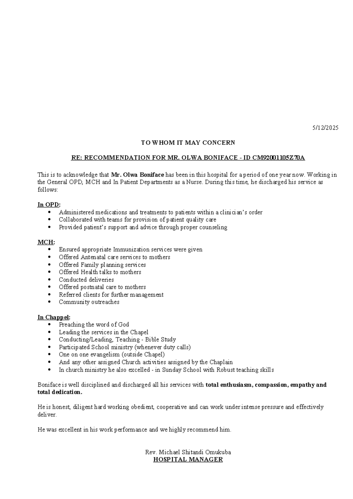 Recommendation Letter for Mr. Olwa Boniface - ID CM92001105Z70A - Studocu