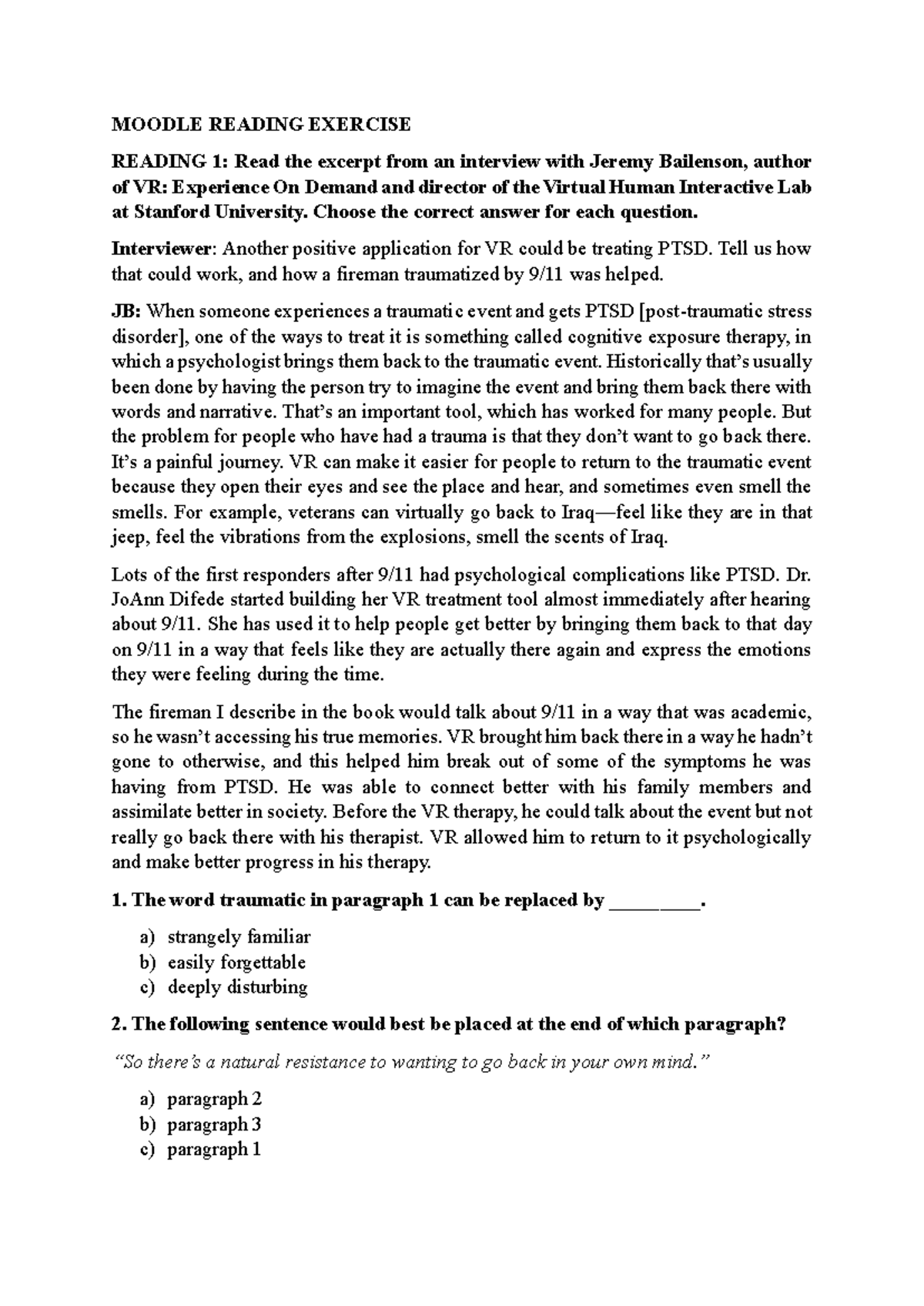 Moodle Reading Exercise: VR Therapy & Female Artists Insights - Studocu