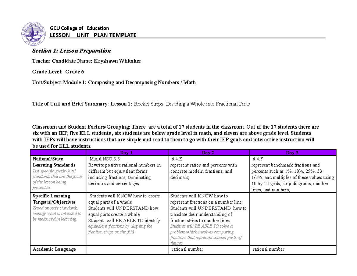 3-day unit plan template - Section 1: Lesson Preparation Teacher ...