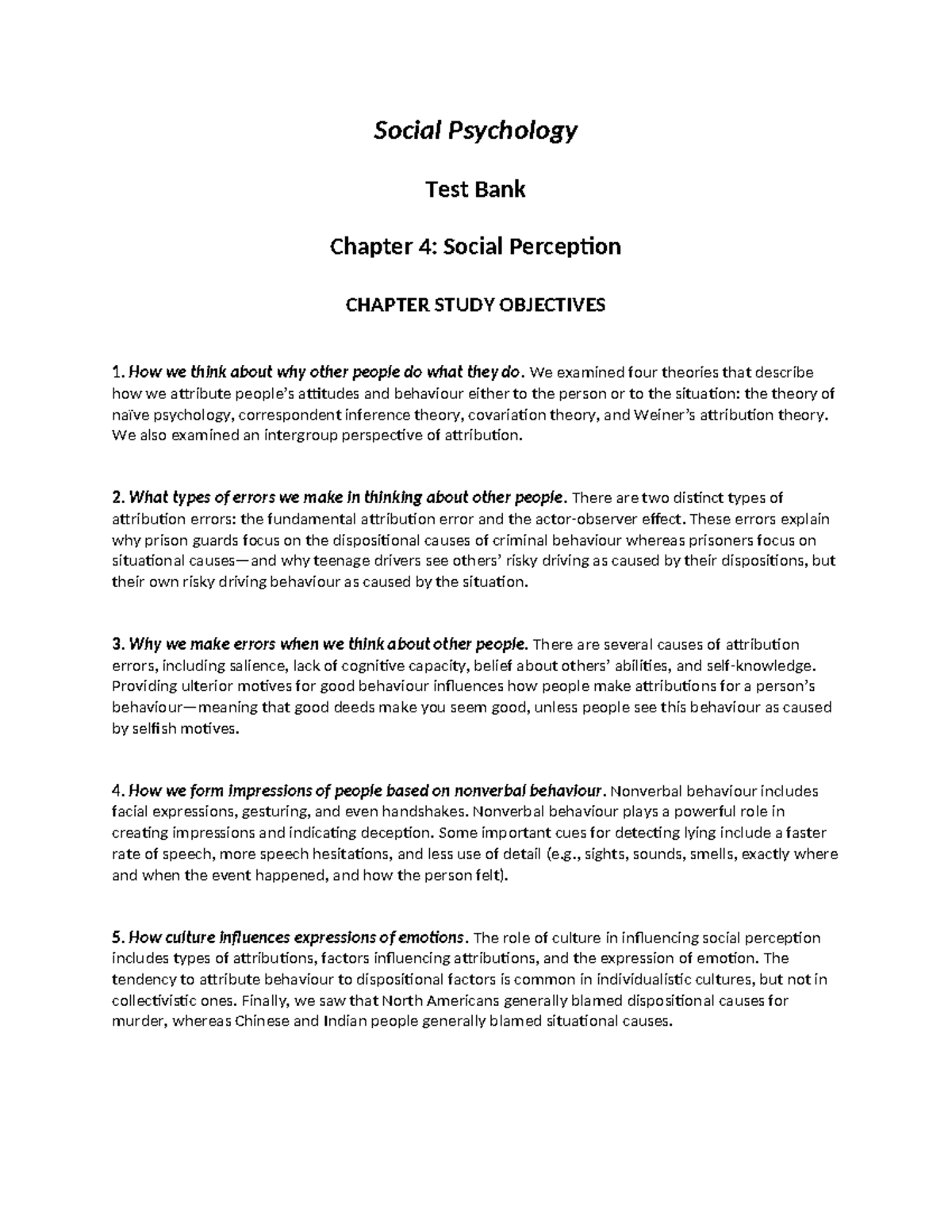 Tb04 - Test Bank for Social Psychology Chapter 4: Social Perception ...