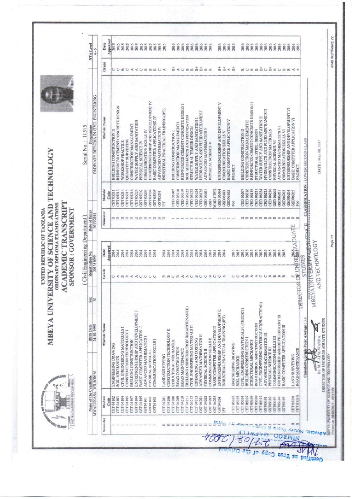 MBEYA UNIVERSITY OF SCIENCE AND TECHNOLOGY 2012 CIVIL ENG. TRANSCRIPT - Studocu