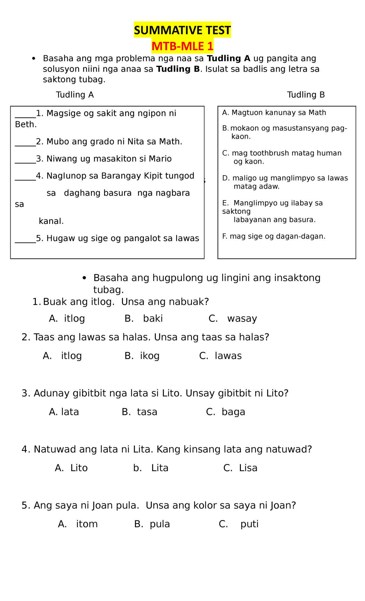 Summative TEST - SUMMATIVE TEST MTB-MLE 1 Basaha ang mga problema nga ...