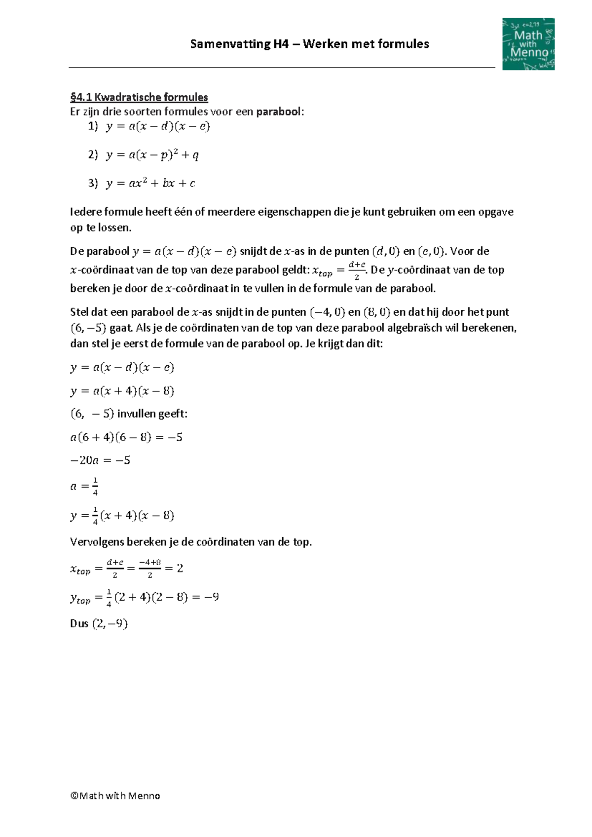 Samenvatting H4 Werken met Formules - Wiskunde B Hoofdstuk 4 - Studeersnel