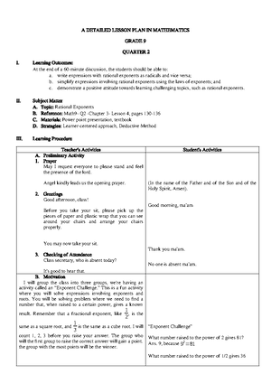 A Detailed Lesson PLAN IN Mathematics 7 - A DETAILED LESSON PLAN IN ...