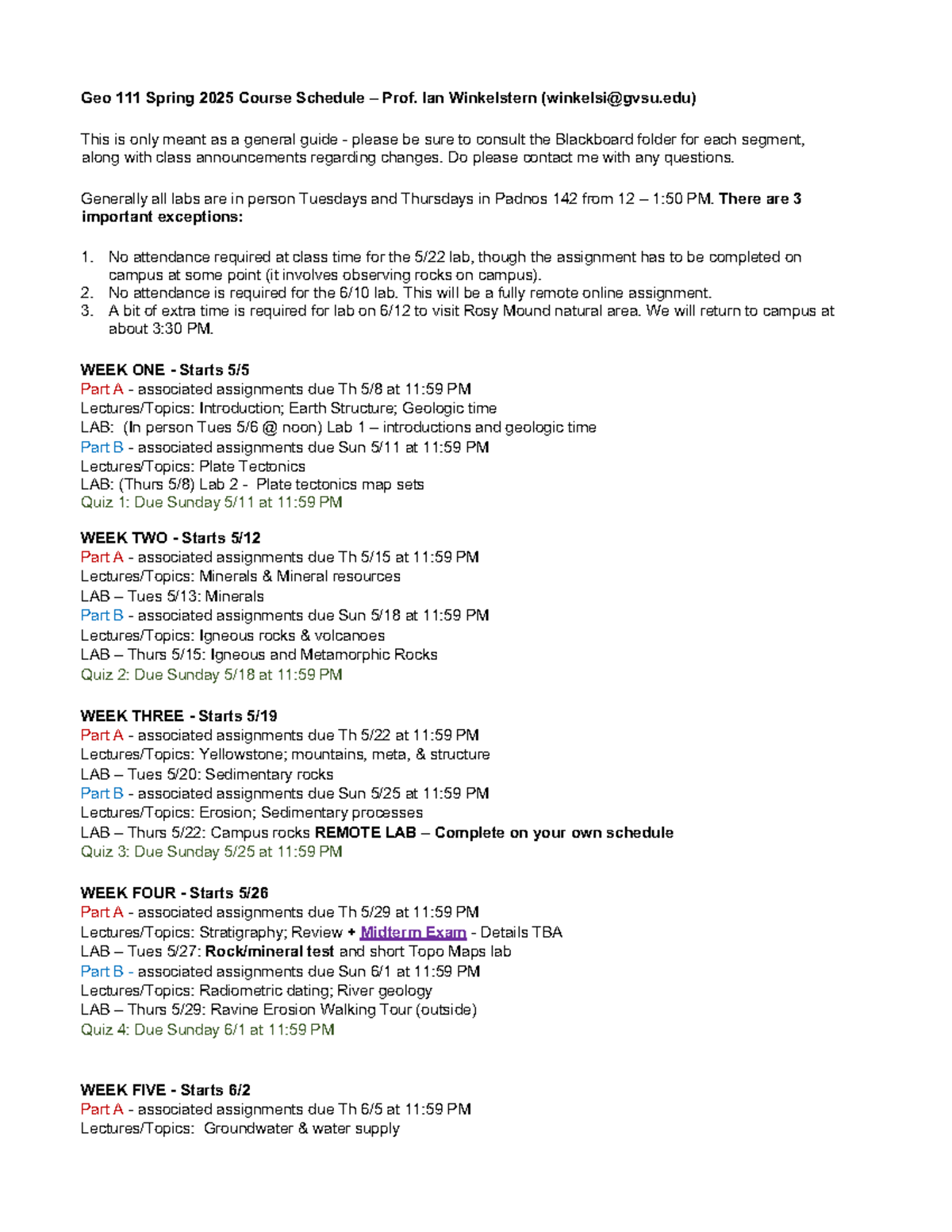 Geo 111 Spring 2025 Course Schedule & Lab Details by Prof. Winkelstern ...