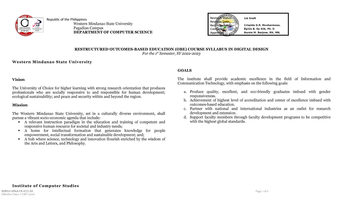 Syllabus: Digital Design (CS101) - 1st Semester, SY 2022-2023 - Studocu
