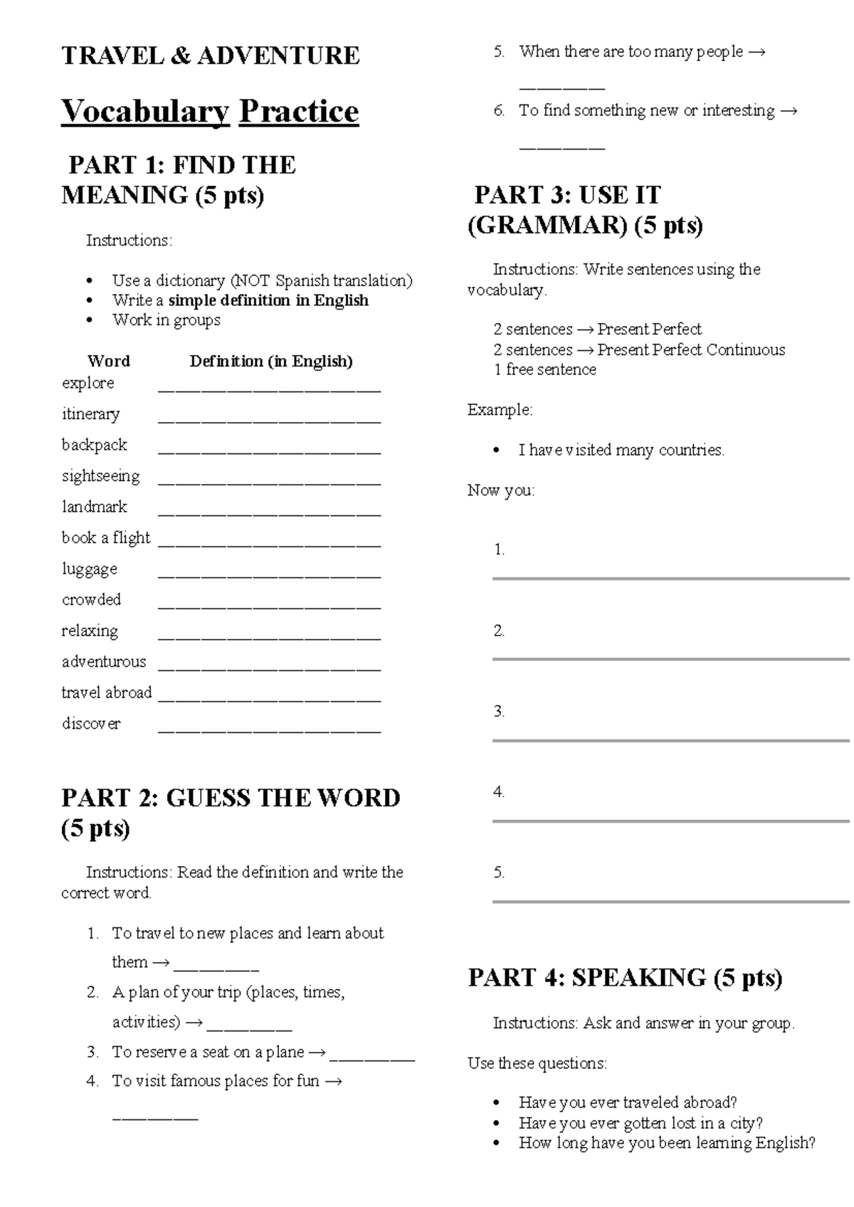 TRAVEL ADVENTURE 5: Vocabulary Practice & Activities - Studocu