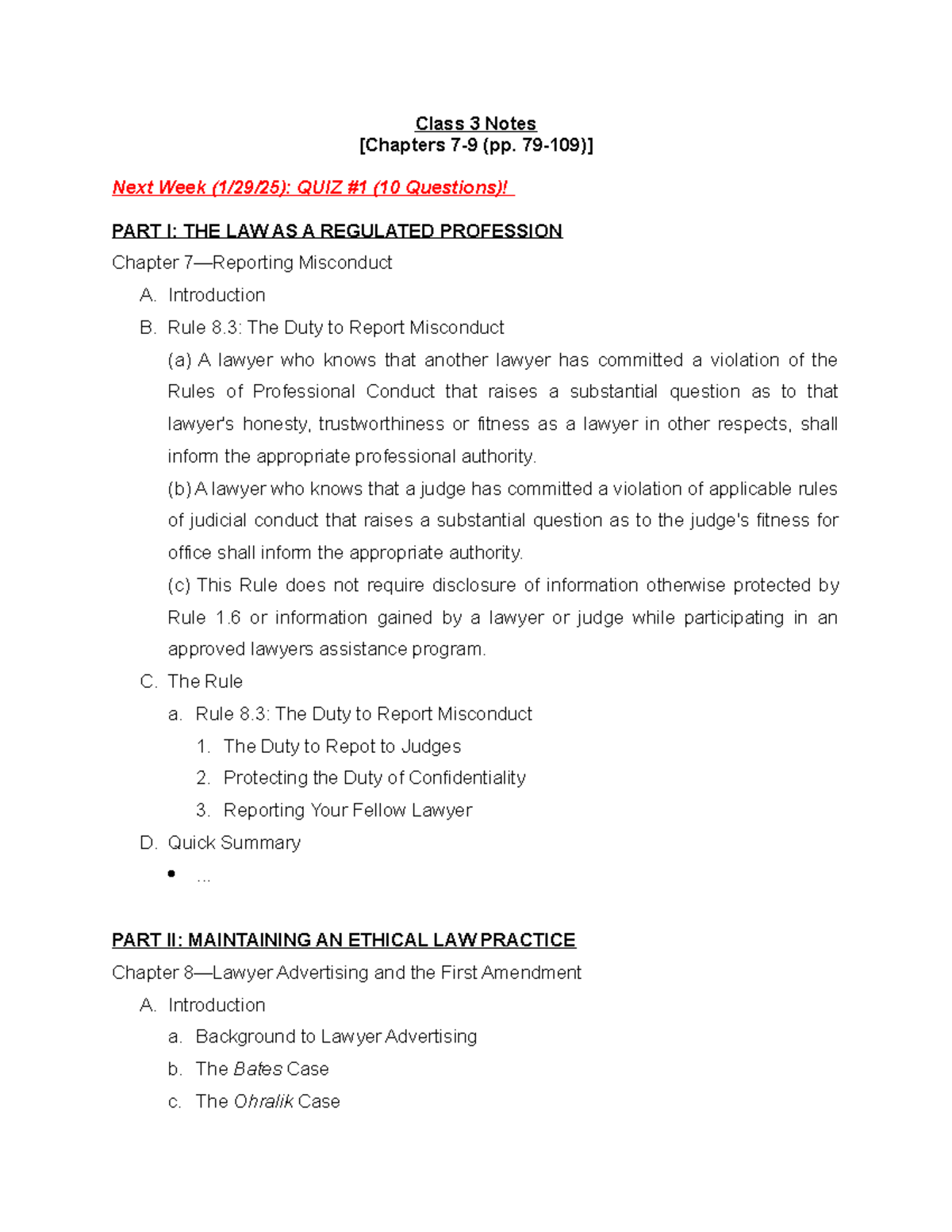 Class 3 Notes: Next Week's Quiz on Legal Misconduct & Ethics - Studocu