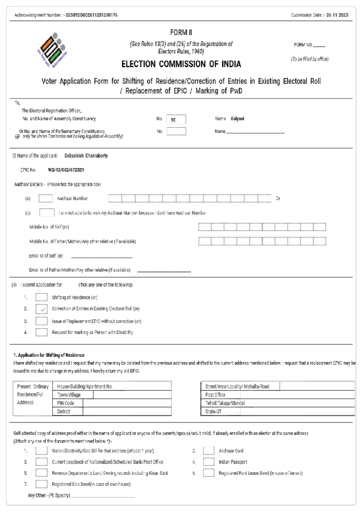 Voter Application Form For Shifting Of Residence Form 8 S2509 Studocu