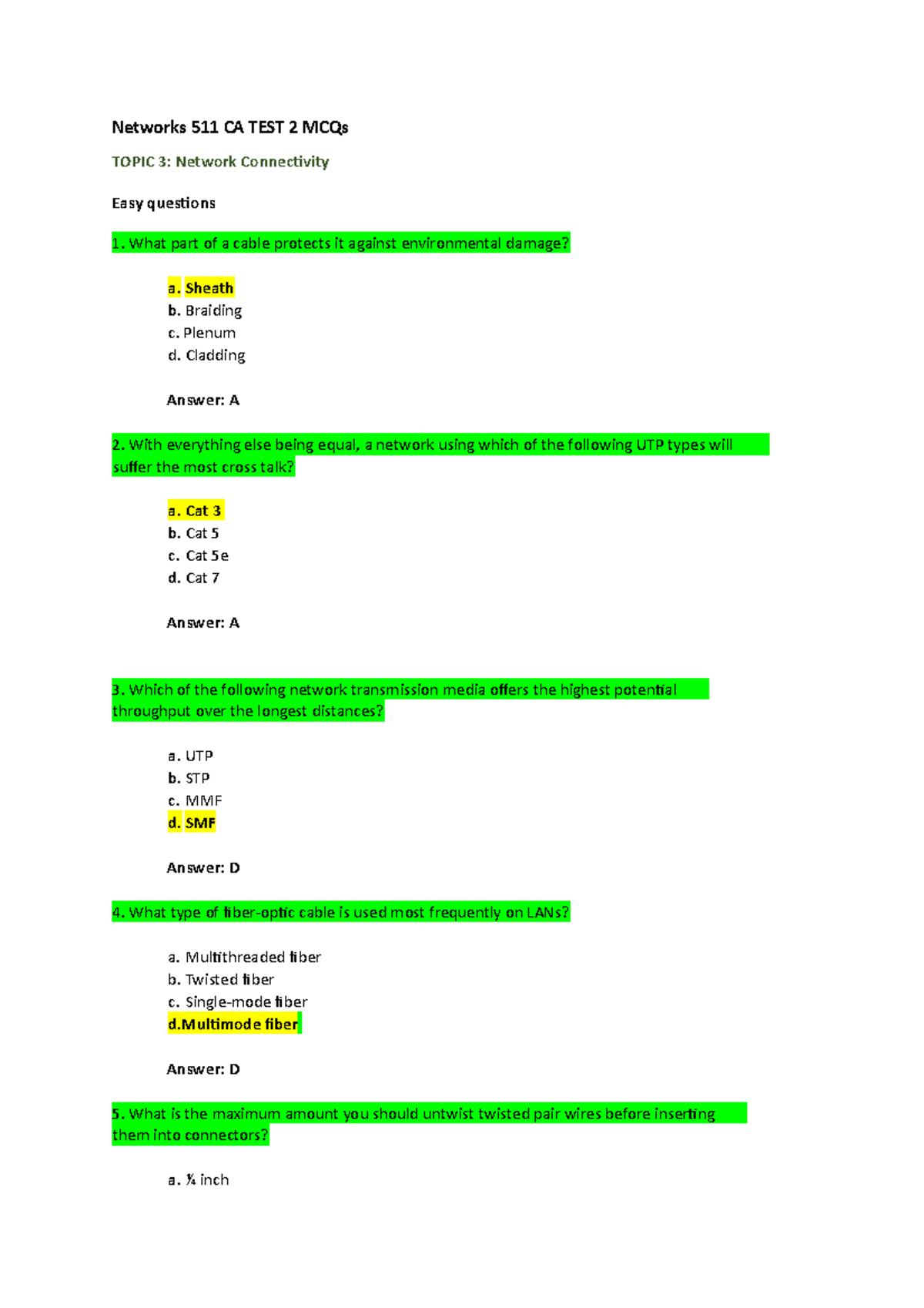 Networks 511 CA Test 2: MCQs on Network Connectivity - Studocu