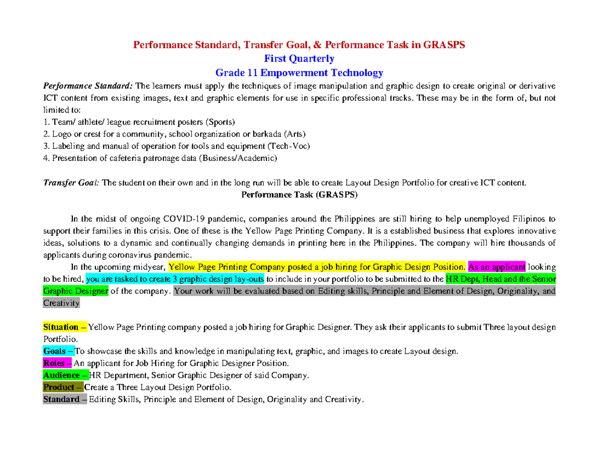 Emptech 1st Quarter Performance TASK - Performance Standard, Transfer Goal, & Performance Task ...