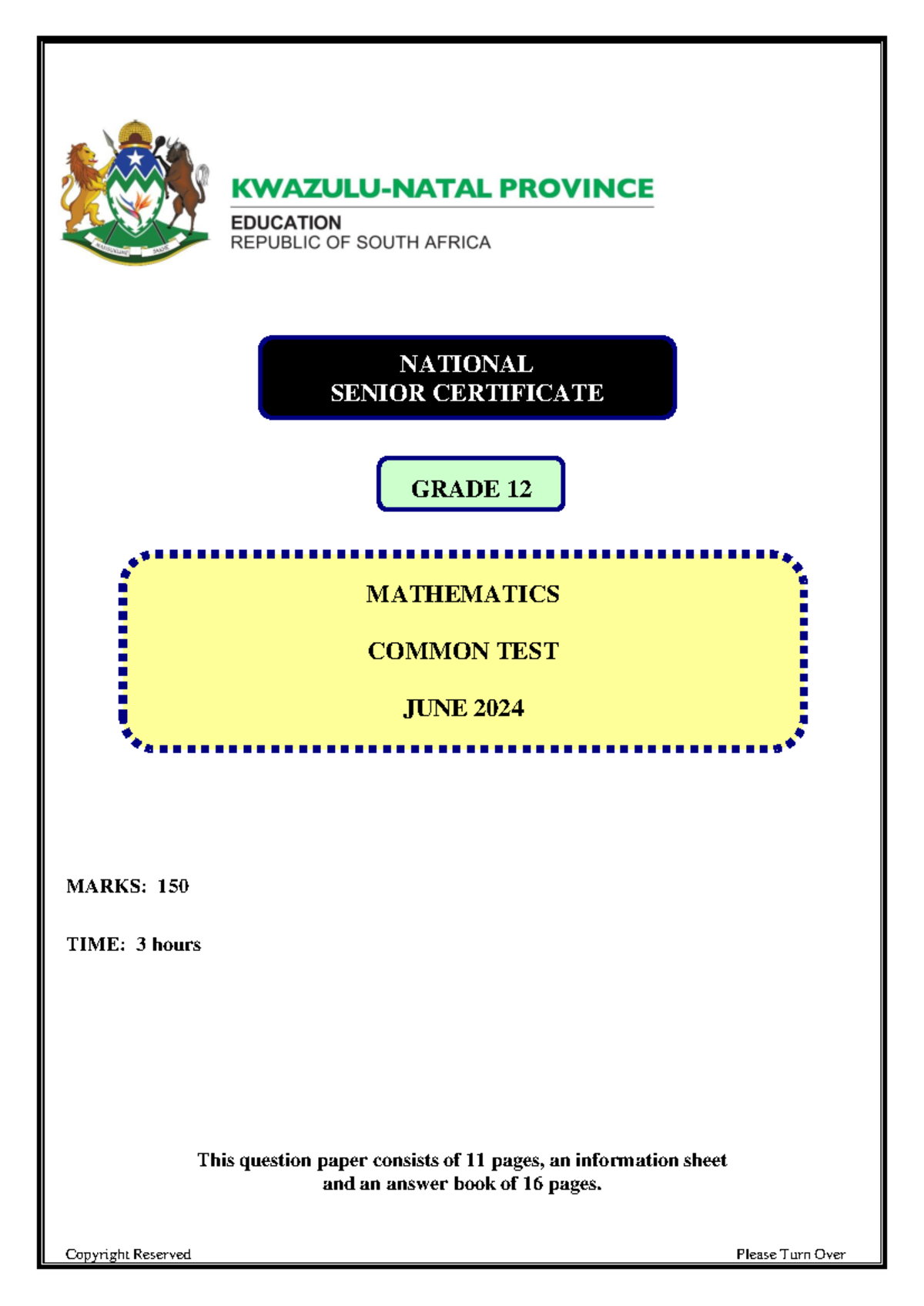 2024 GR 12 NSC June Maths P2 Common Test Paper KZN - Studocu