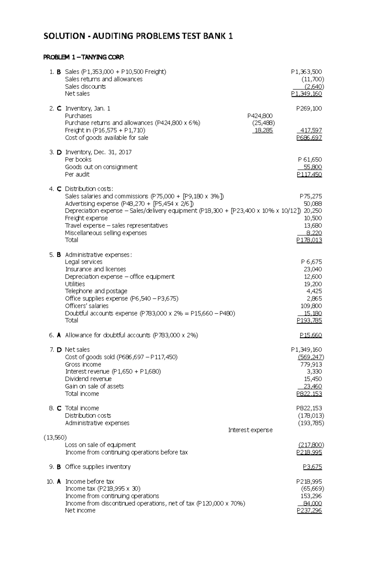 Auditing Problem Test Bank 1 - AUDITING PROBLEMS TEST BANK - 1 PROBLEM ...