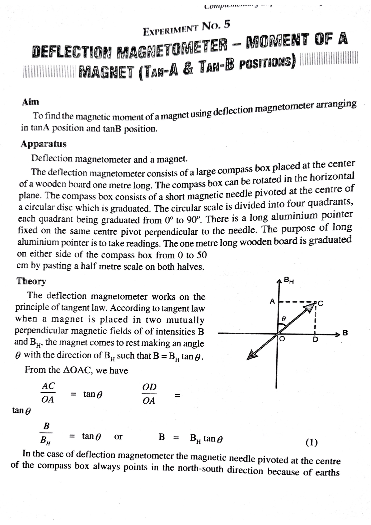 Physics Practical - Experiment 5: Deflection Magnetometer Method - Studocu