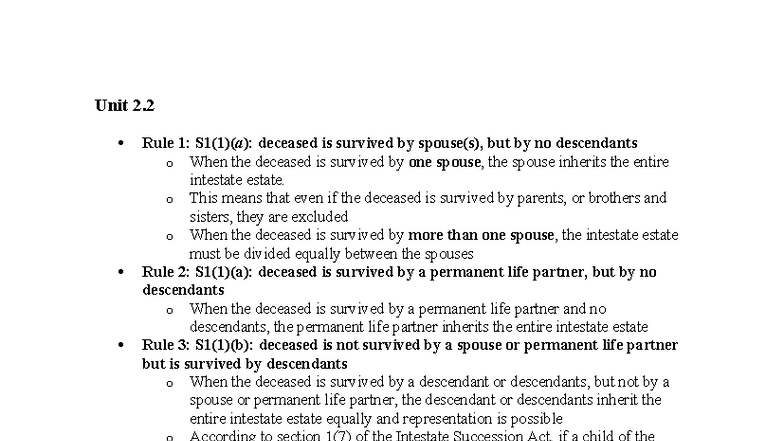 Unit 2 - Summary of Intestate Succession Rules - Studocu