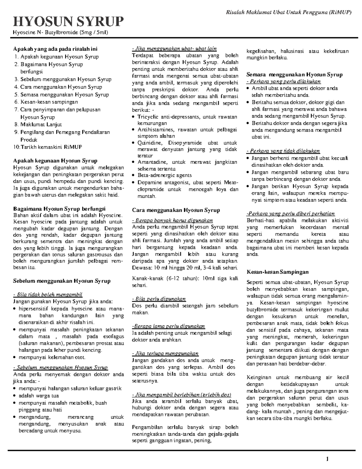 Risalah Maklumat Ubat: Hyosun Syrup (Hyoscine Butylbromide) - Studocu