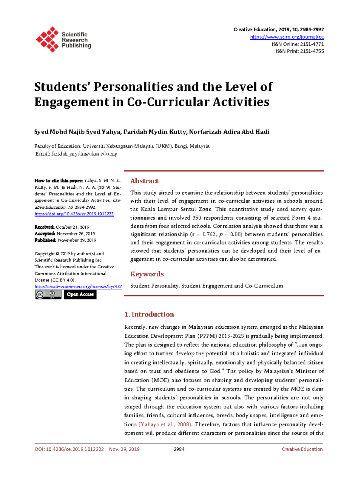 Students' Personalities and Engagement Levels in Activities (EDU 2019 ...