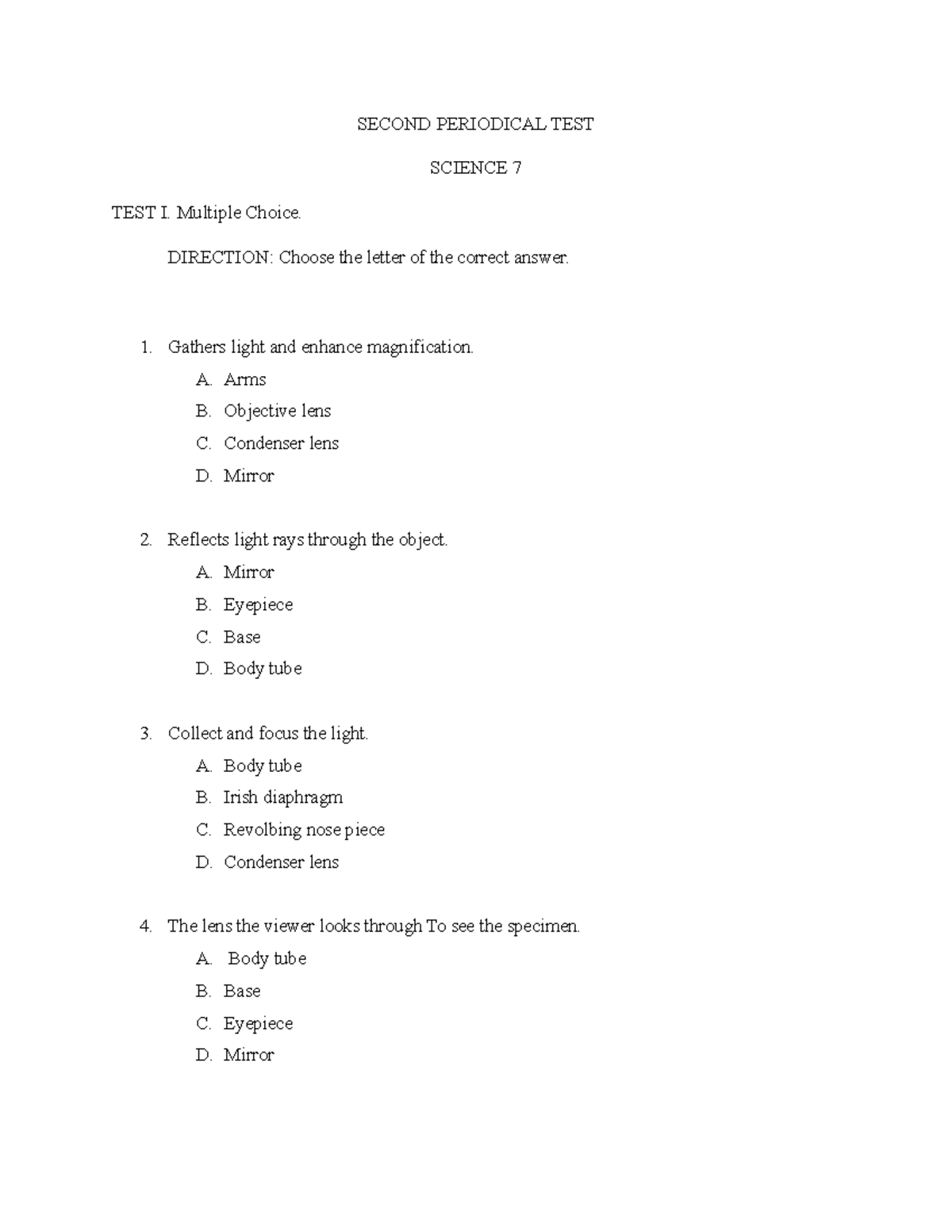 Group 2 - 2nd Quarter Science 7 Periodical Test Review - Studocu