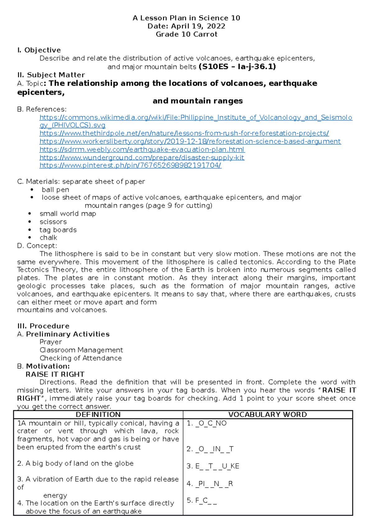 Science 10 Lesson Plan: Volcanoes, Earthquakes & Tectonics - Studocu