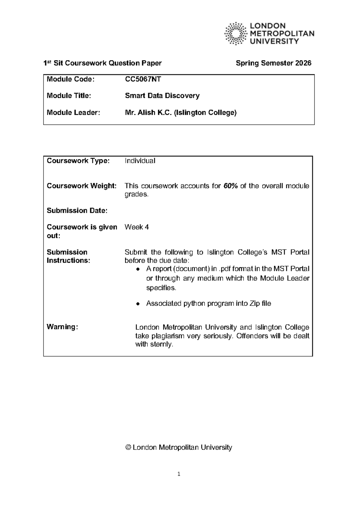 CC5067NT Smart Data Discovery Coursework 1 Spring 2026 - Studocu