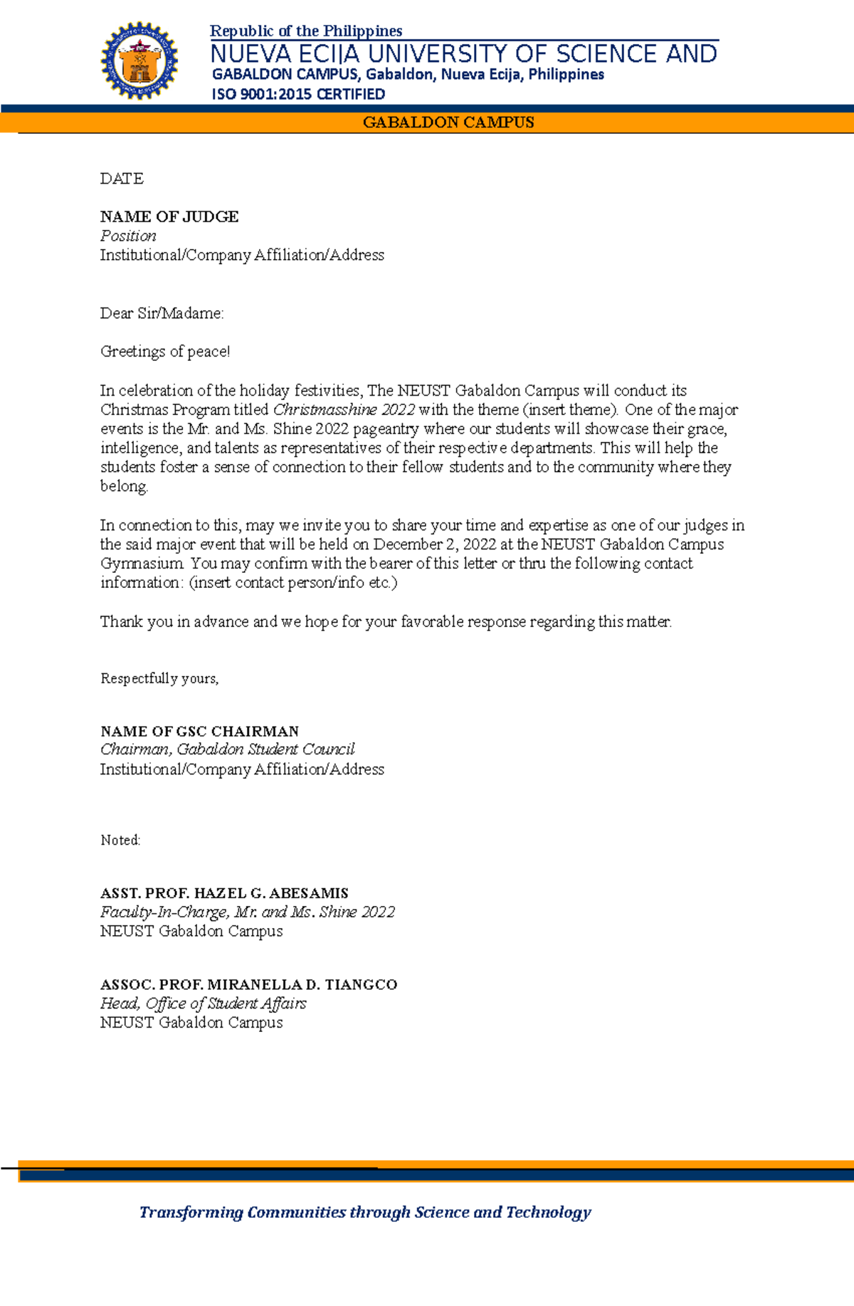 Letter to Judges - Template - DATE NAME OF JUDGE Position Institutional/Company Affiliation ...
