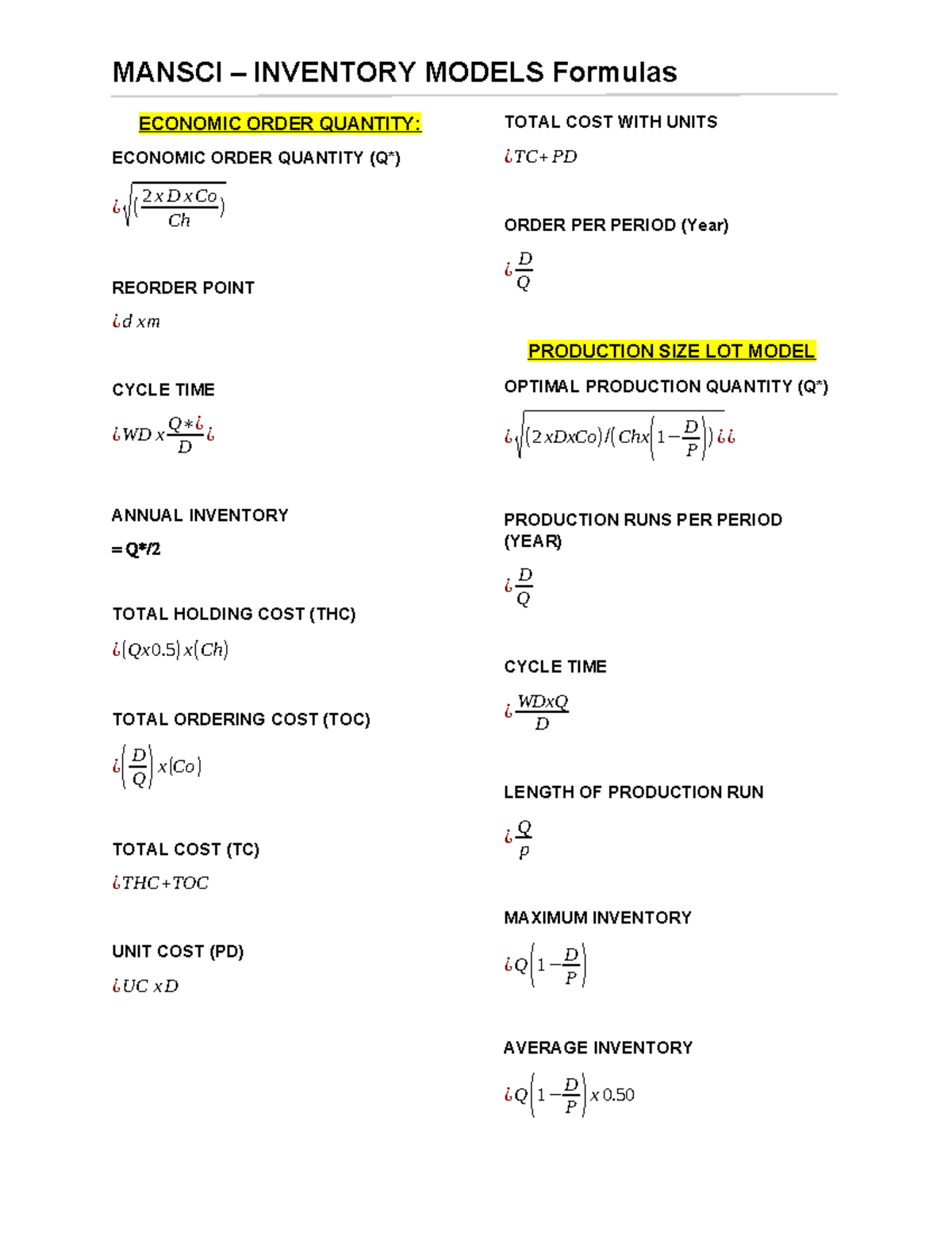 Inventory Models Formula (Management Science) - MANSCI – INVENTORY ...