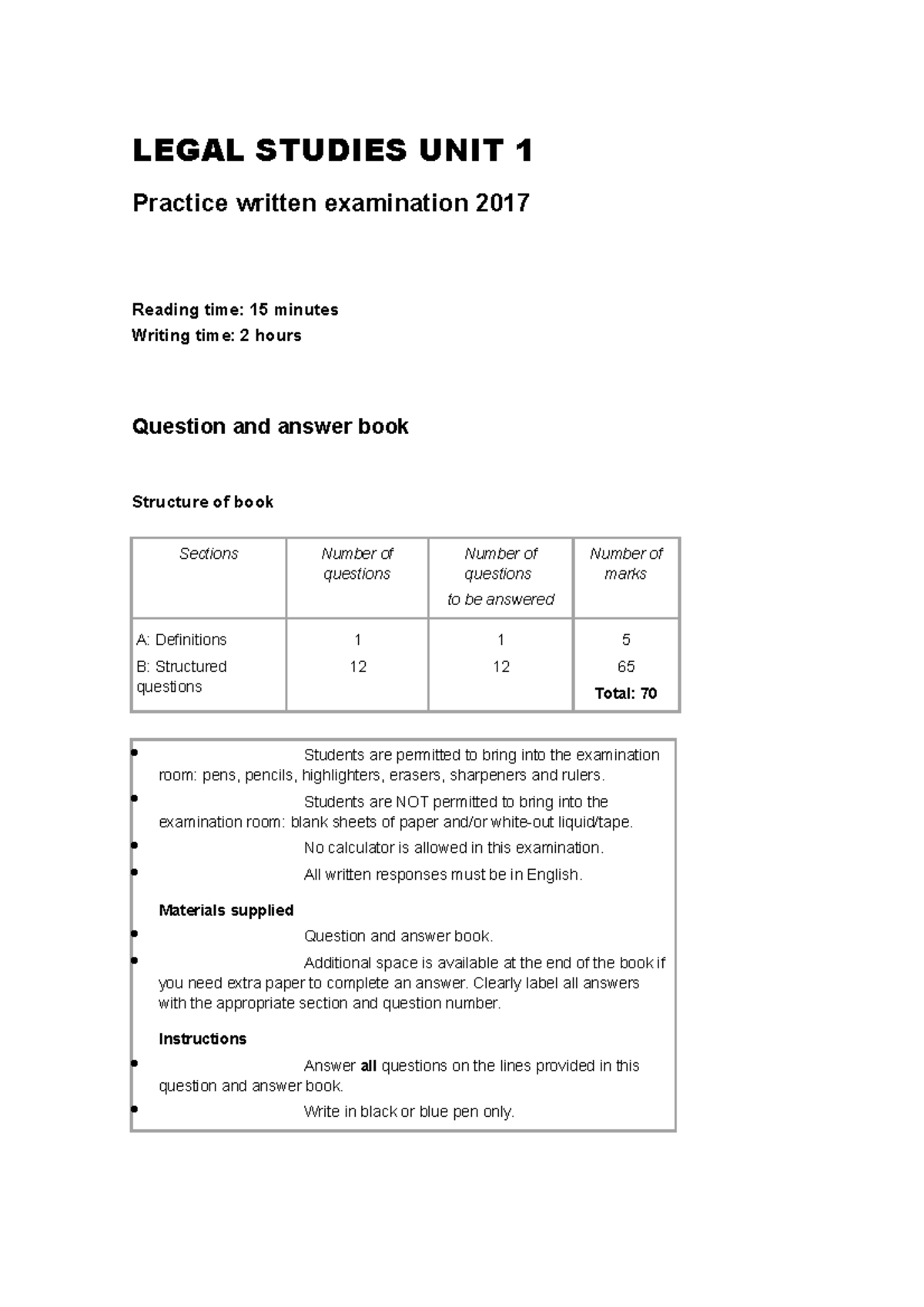 Sample/practice exam 2017 - LEGAL STUDIES UNIT 1 Practice written ...