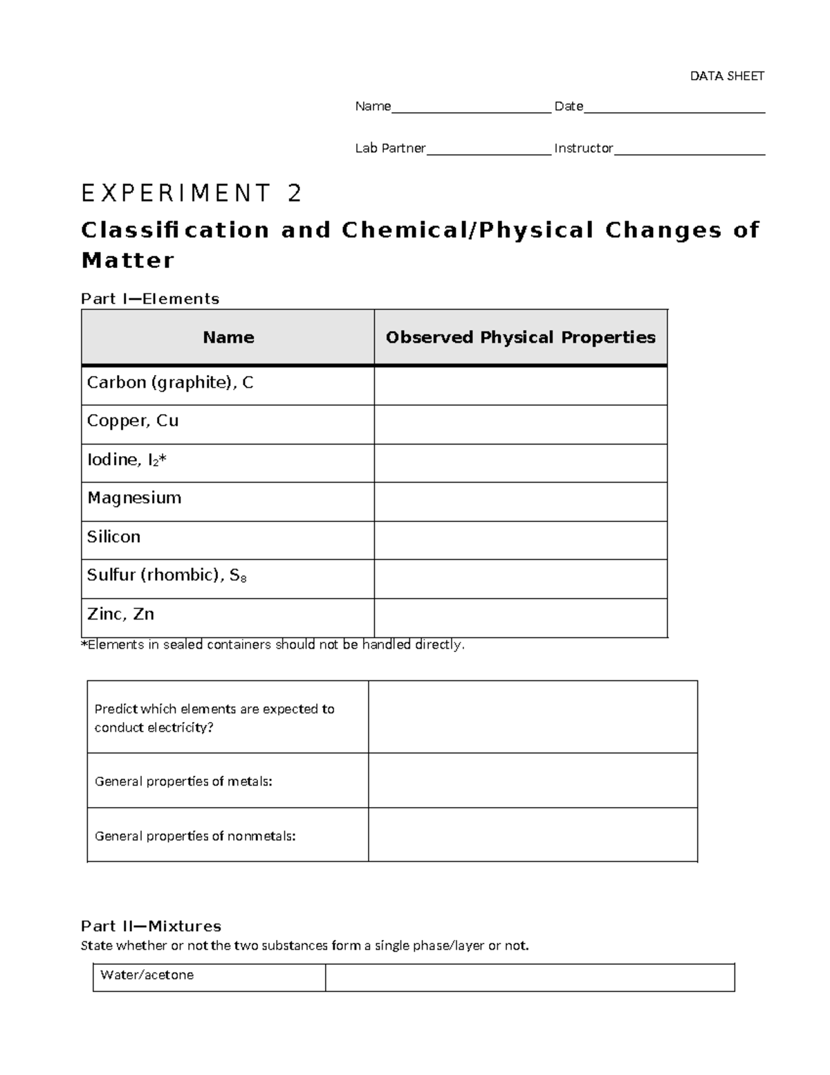CHM1045L Lab Exp 2: Classification & Changes of Matter Data Sheet - Studocu