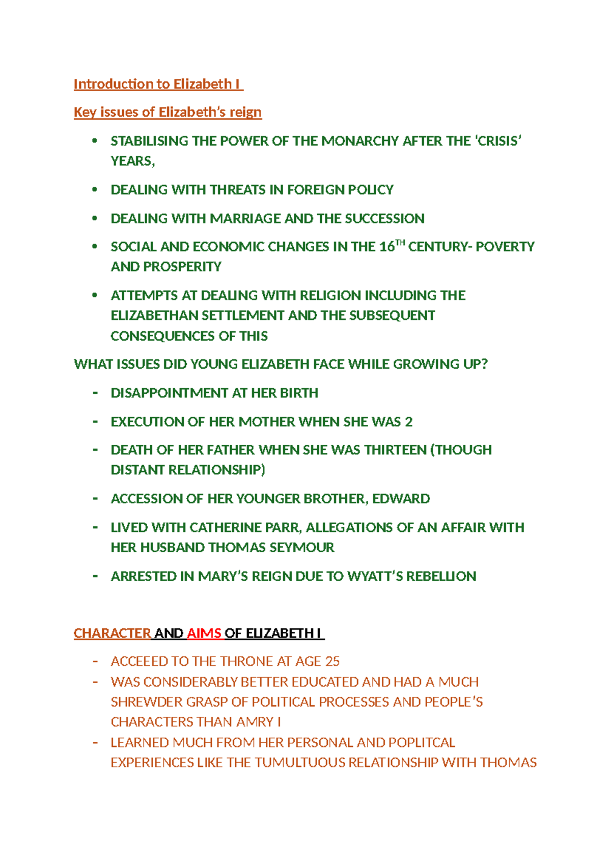 A Level Tudors Revision Notes: Character and Aims of Elizabeth I - Studocu