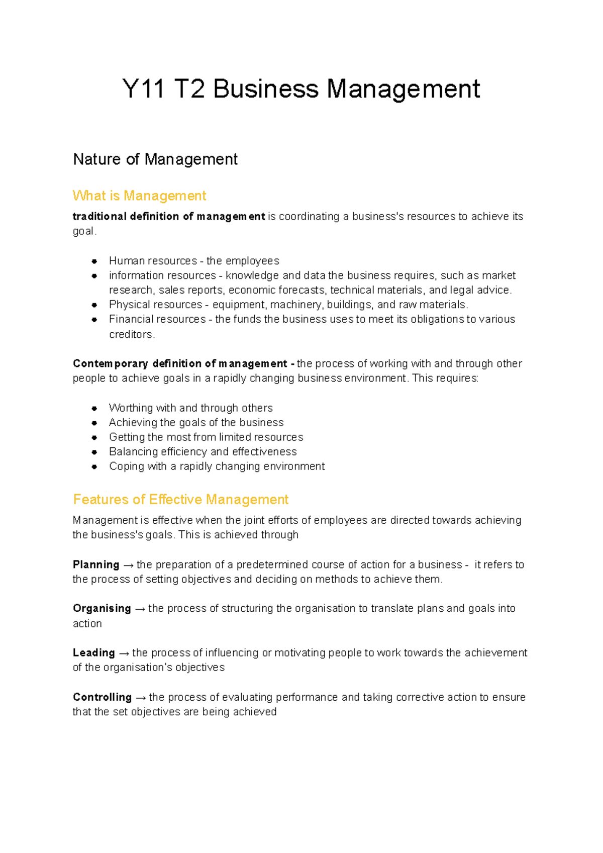 Business Management - Module 2 Study Notes on Resources and Management ...