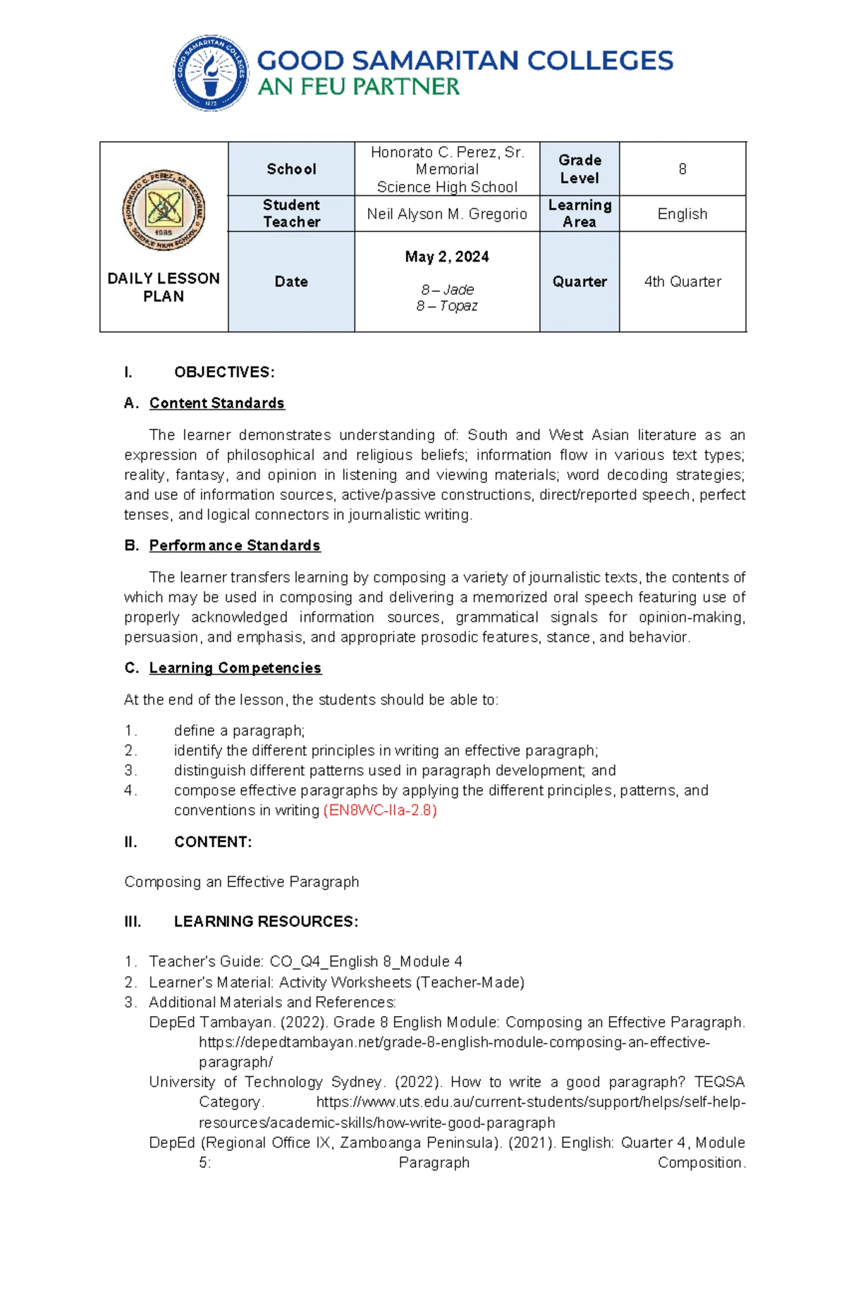 Self-Composed Speech Guidelines for English 8 (DLP) - Studocu