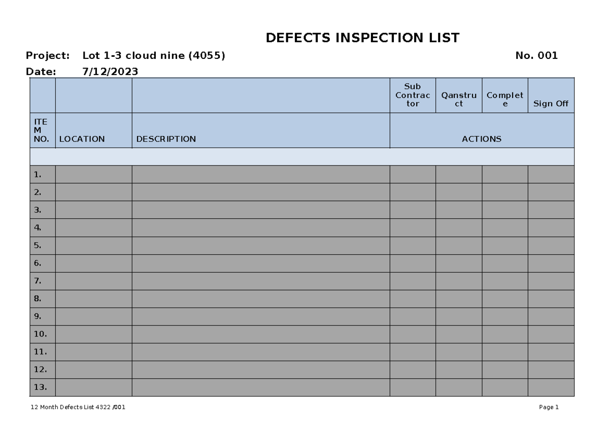 12 Month Defects Inspection List for Project Lot Cloud Nine (4055 ...