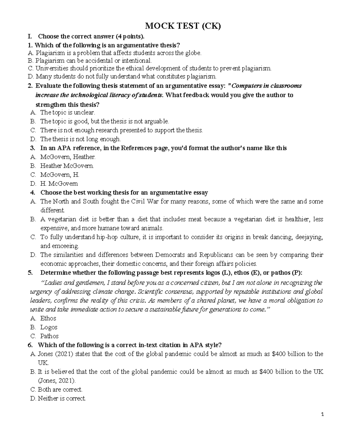 MOCK TEST (CK) - Argumentative Thesis & APA Citation Practice - Studocu