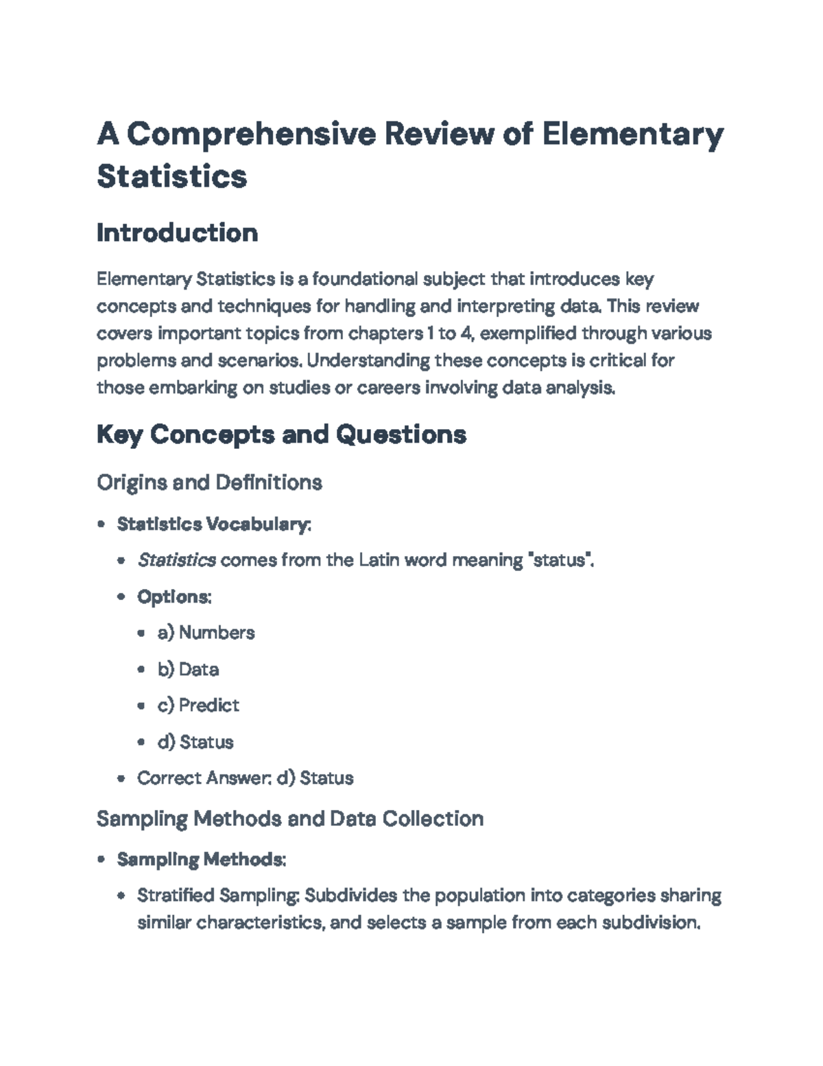 Elementary Statistics (STAT101) Final Exam Review: Concepts & Problems ...