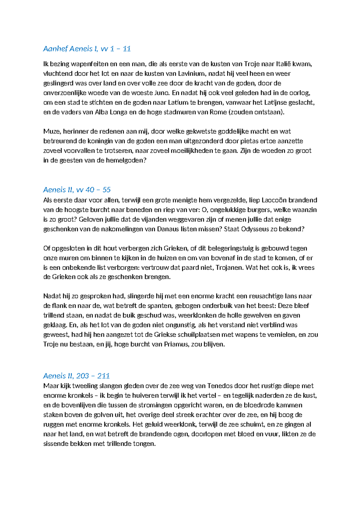 Aeneis Werkvertaling: Analyse van Boek I en II (vv 1-11, 40-55, 203-211 ...