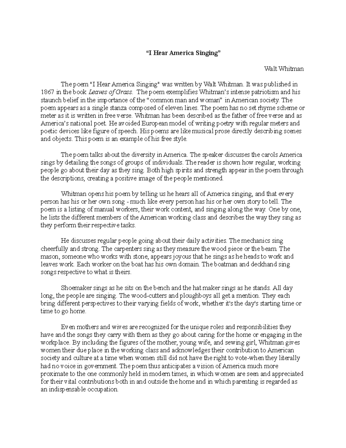 I Hear America Singing: A Summary of Whitman's Poem Analysis - Studocu